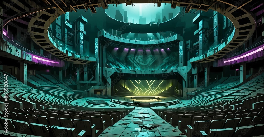 stage in abandoned auditorium building stadium. amphitheater theatre ...
