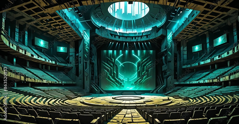 stage in abandoned auditorium building stadium. amphitheater theatre ...