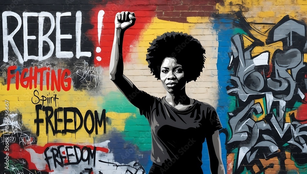 African woman raising fist, rebel fighting spirit freedom, urban street ...