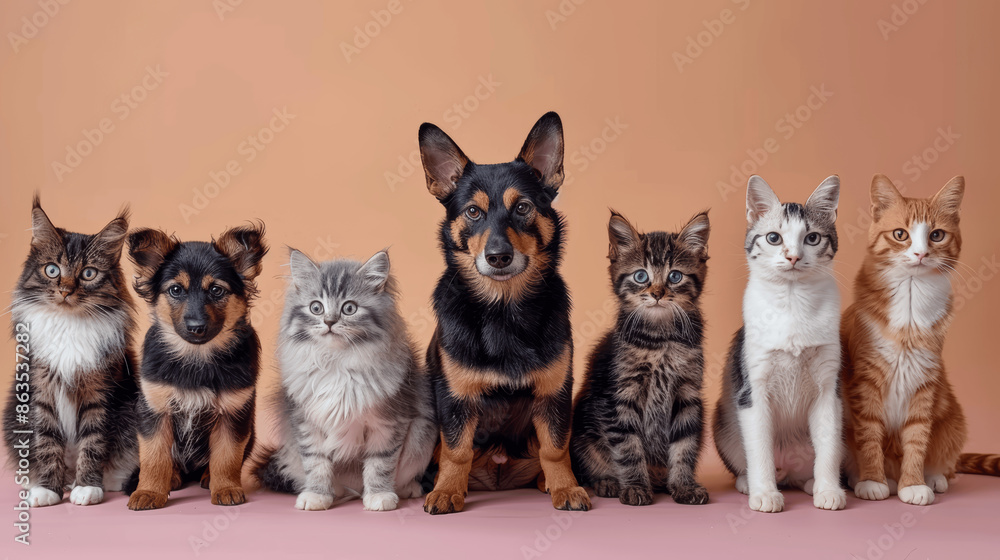 Dogs and cats sitting together on a pink background in a studio photo ...