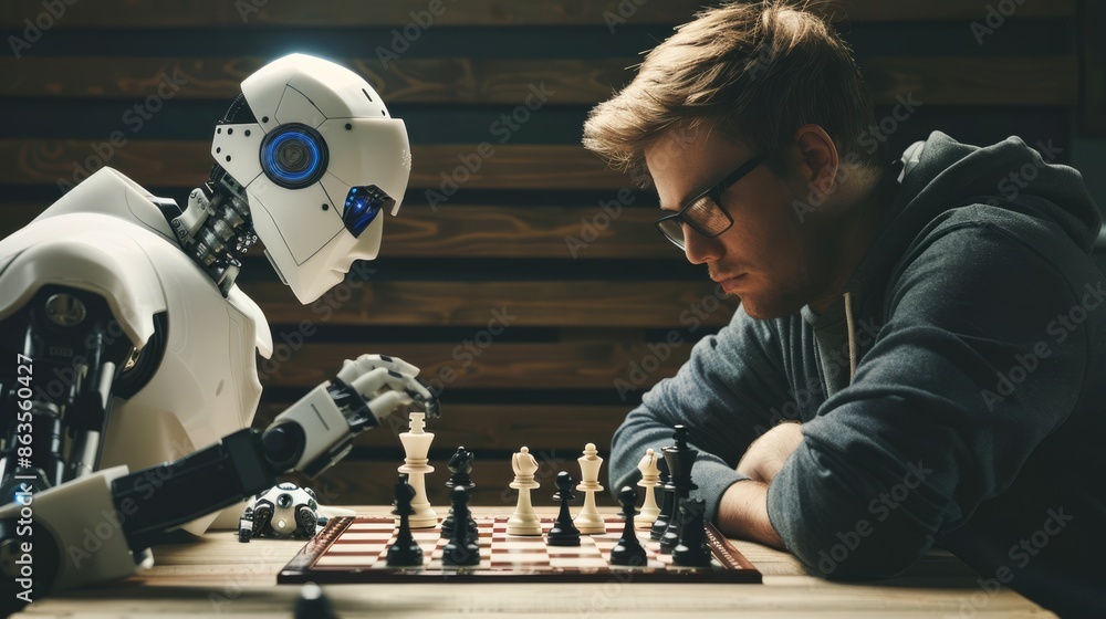 Foto Artificial intelligence android vs human. Robot plays chess ...