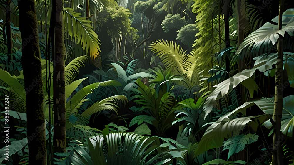 Top-down perspective of a tropical jungle, with various shades of green ...