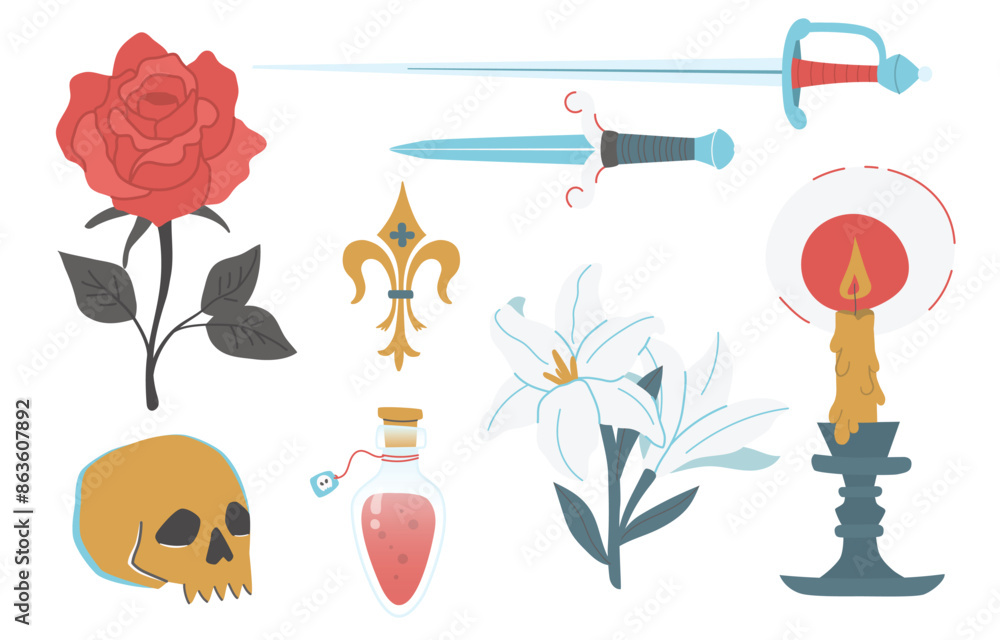 Medieval items. Set on the theme of Romeo and Juliet. Love story in ...