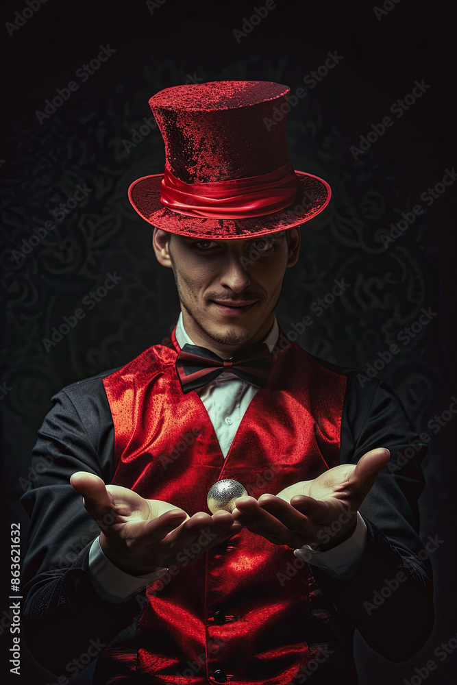 Magician holding an object on the palm of his hand, concept for magic ...