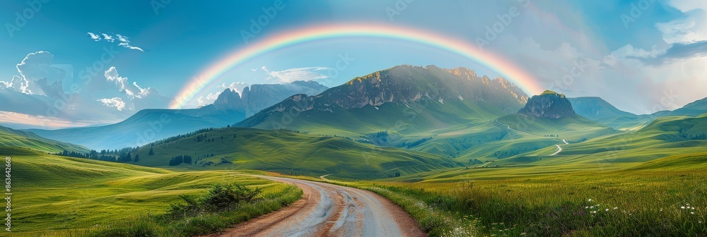 Professional award-winning photo of vibrant rainbow arching over lush ...