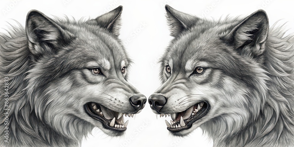 Pencil drawing of angry wolf heads , wolves, animals, wildlife ...