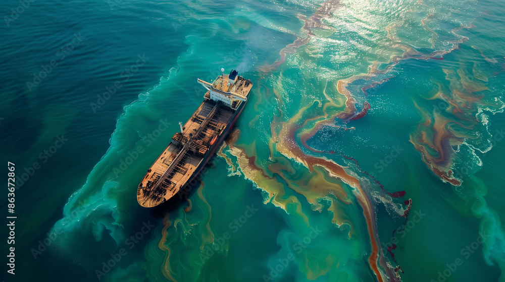 Close-up of an ocean wave with oil leakage contamination from a broken ...