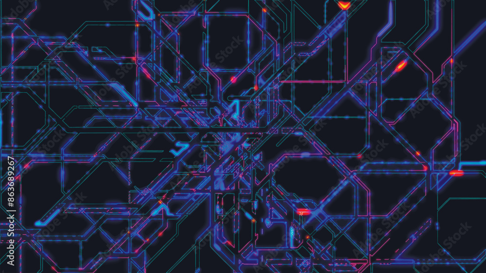 Abstract background of electronic subway map, neon lines move along a ...