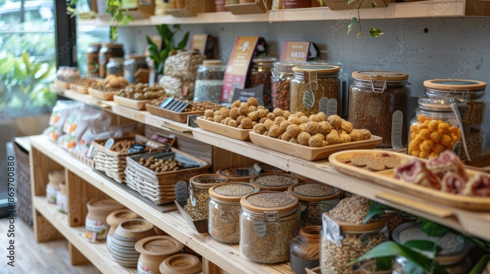 Bright, organized zero-waste store with wooden shelves displaying an ...