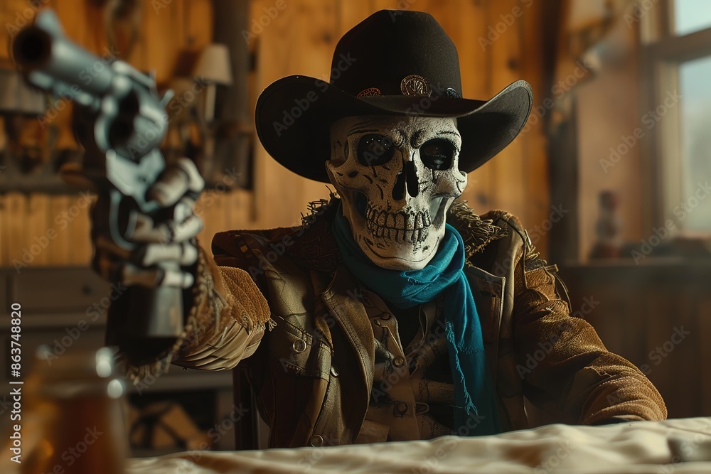 Old West Skeleton Revolver. Old west bandit outlaw skeleton at a poker ...