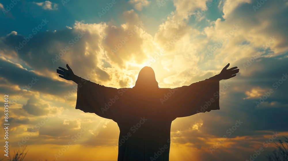 Jesus silhouette with open arms in sky, crucifixion and resurrection ...