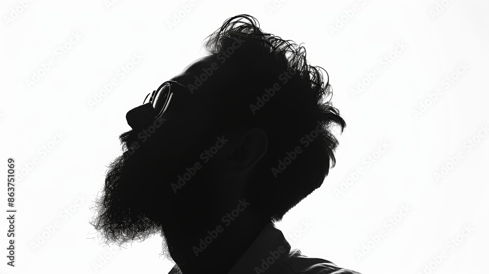 silhouette of man in glasses and beard on white background with sharper ...