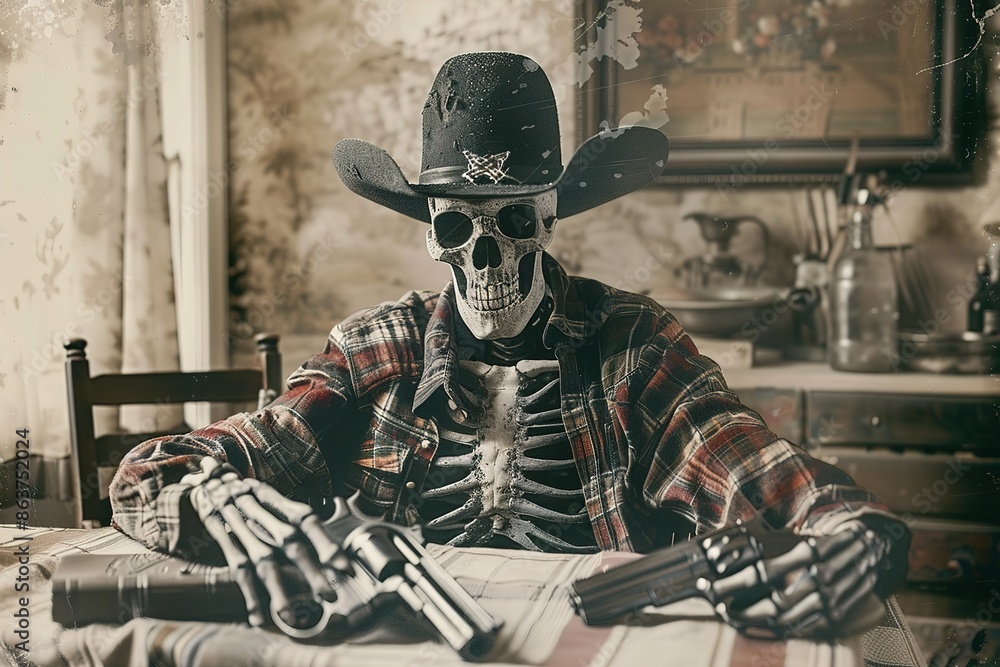 Old West Skeleton Revolver. Old west bandit outlaw skeleton at a poker ...