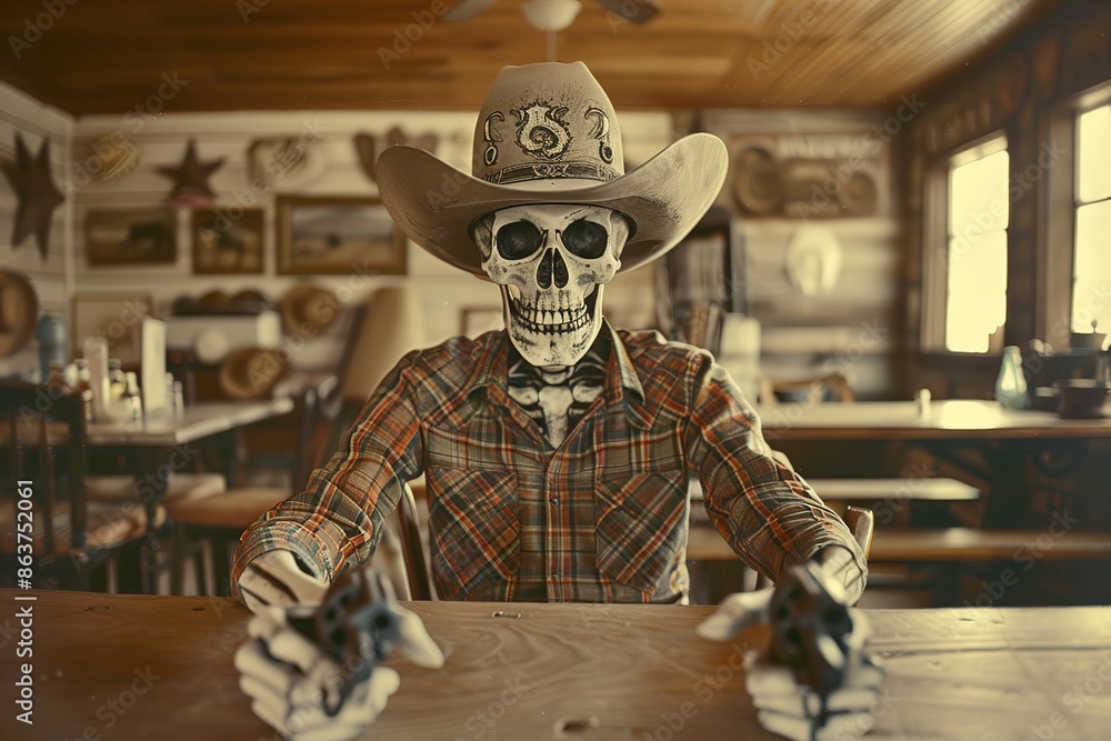Old West Skeleton Revolver. Old west bandit outlaw skeleton at a poker ...
