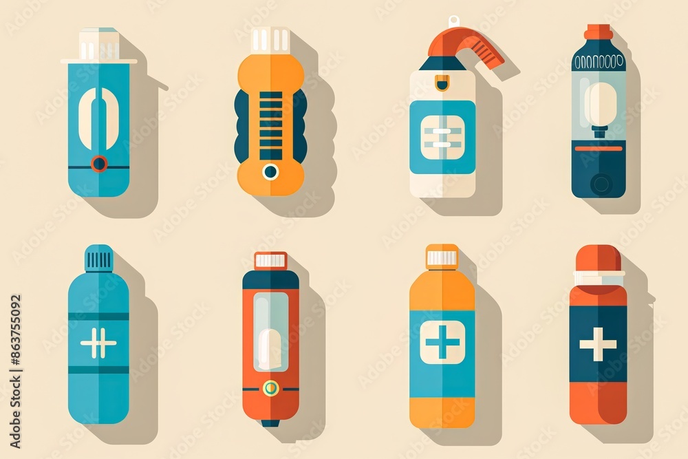 The colorful illustration showcases several inhalers with unique ...