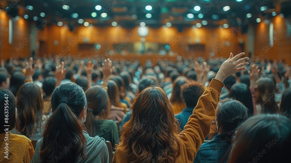 Crowd of people with hands raised at a conference or meeting AIG535 ...