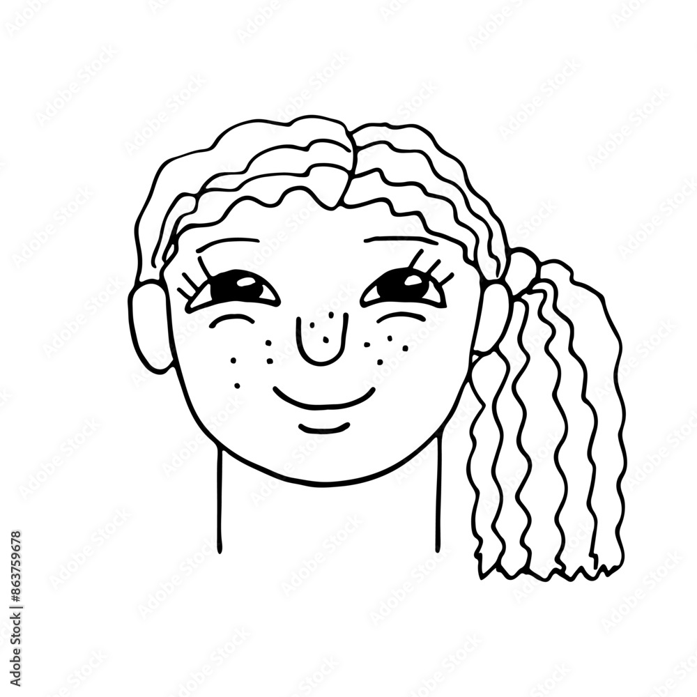 Smiling face of a funny little child girl with a freckles and ponytail ...