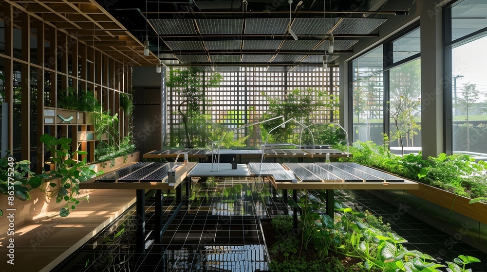 An officea??s eco-friendly workspace with solar-powered desks, recycled ...