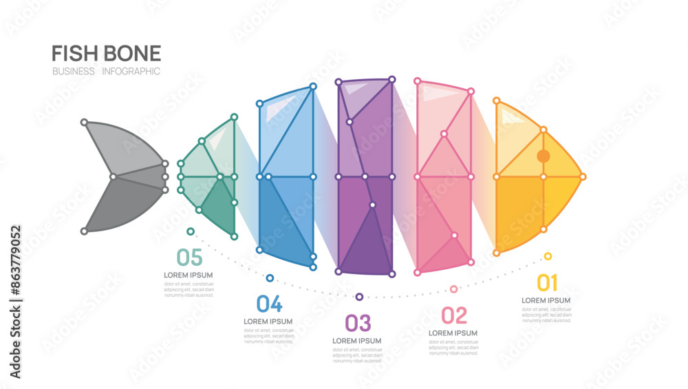 Infographic geometric fish bone diagram template for business. 5 step ...