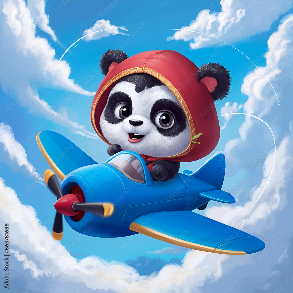 Cute, playful panda character illustration flying an airplane through a ...