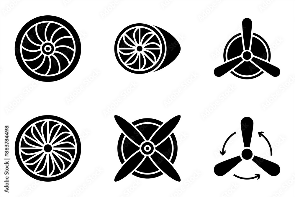 Plane turbine linear icon set. Airplane equipment. Jet propeller ...