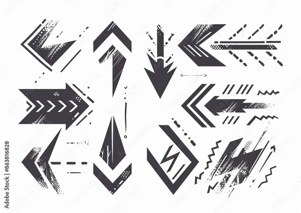 Symbols of lightning thunderbolt arrows in doodle sketch with retro pop ...