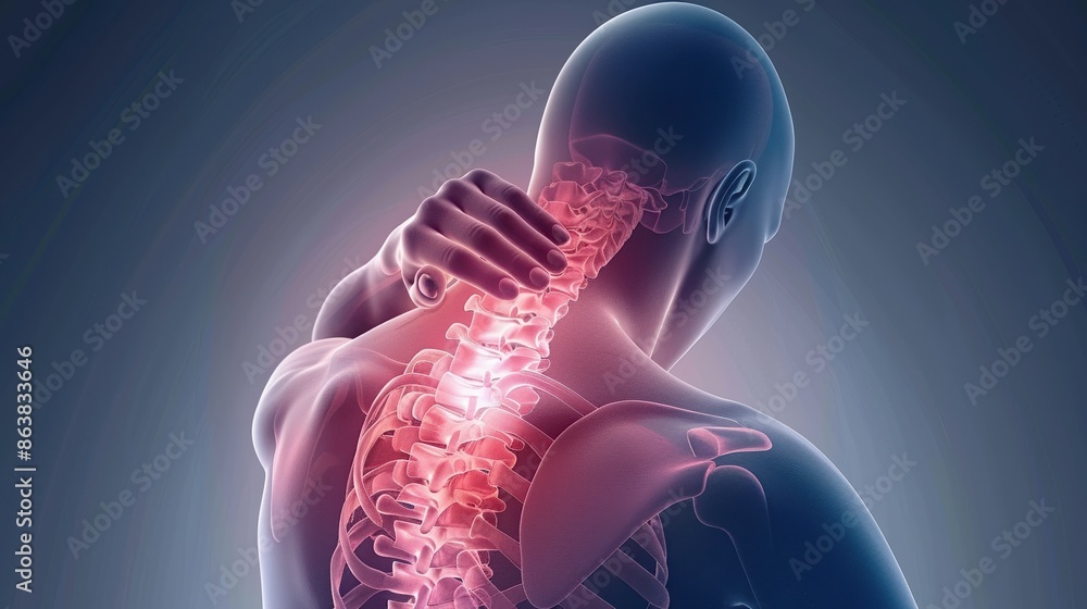 3D illustration depicting neck pain with highlighted cervical vertebrae ...