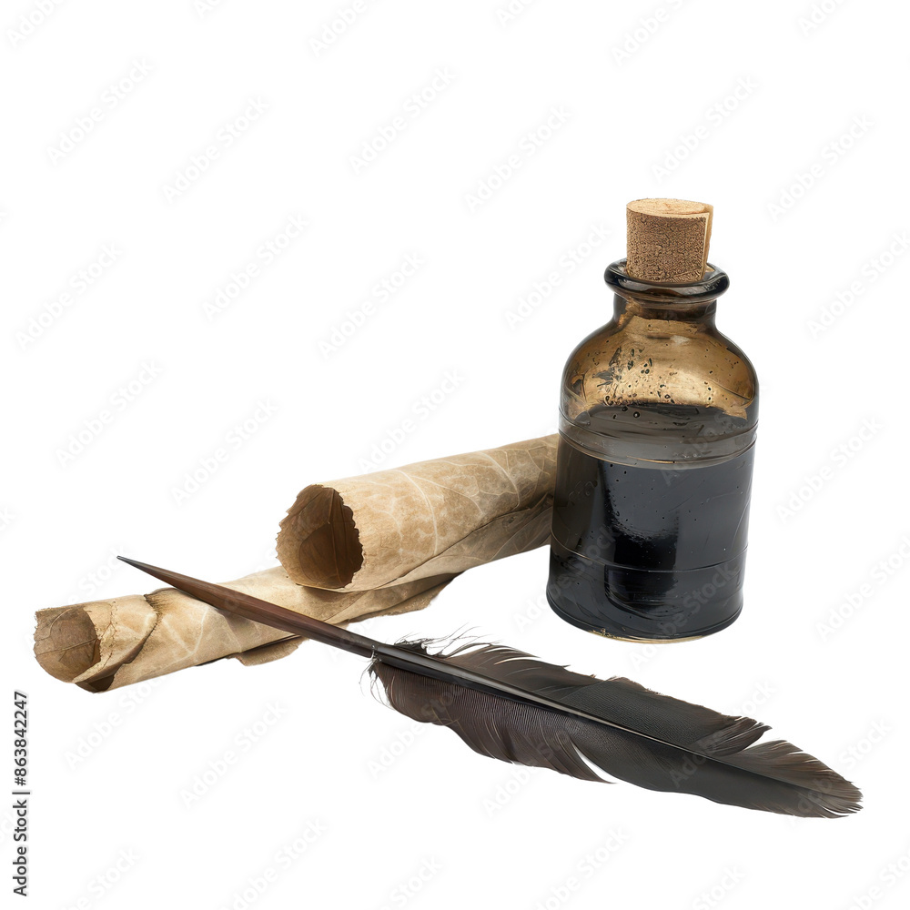 Vintage writing set with ink bottle, feather quill, and old paper ...