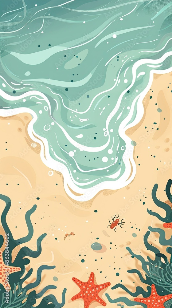 "Cartoon Style Beach Sand with Starfish and Sea Plants, Perfect for ...