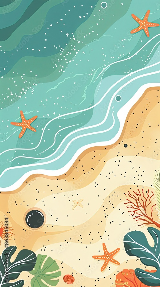 "Cartoon Style Beach Sand with Starfish and Sea Plants, Perfect for ...