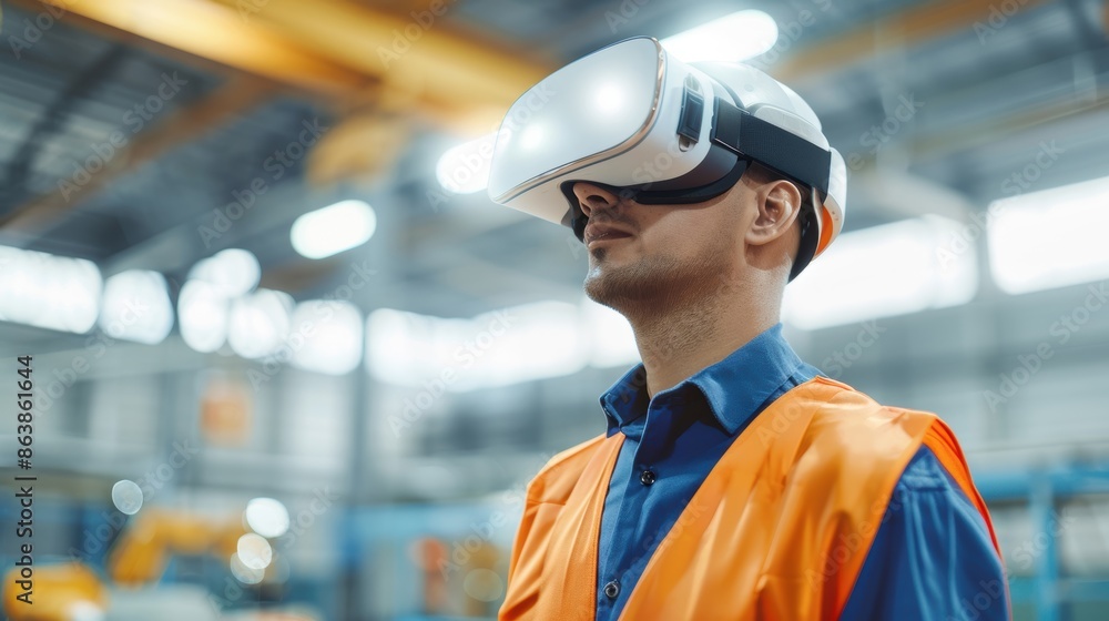 Construction worker using virtual reality headset to visualize project ...