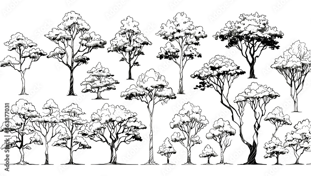 Minimal style cad tree line drawing, Side view, set of graphics trees ...
