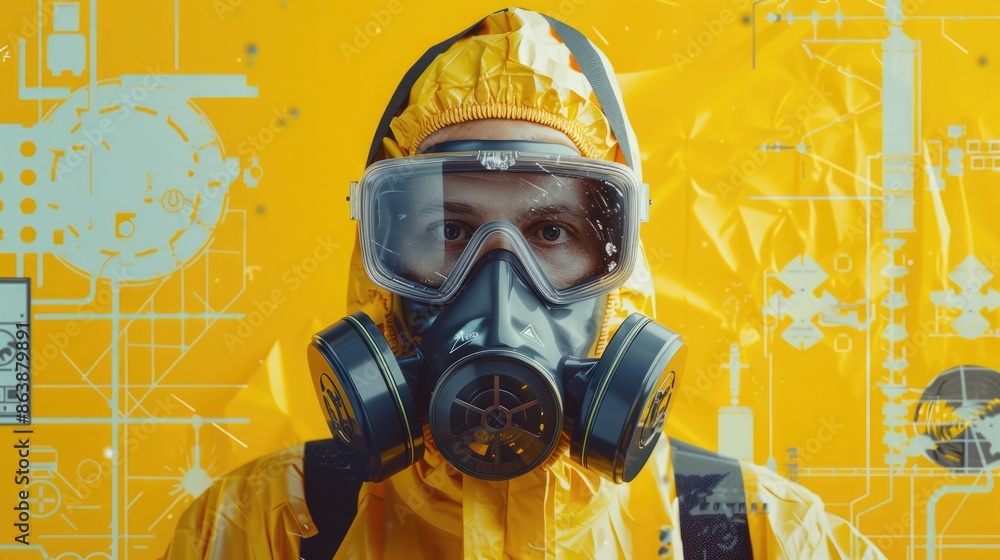 The image shows a person in a yellow hazmat suit and gas mask. The ...