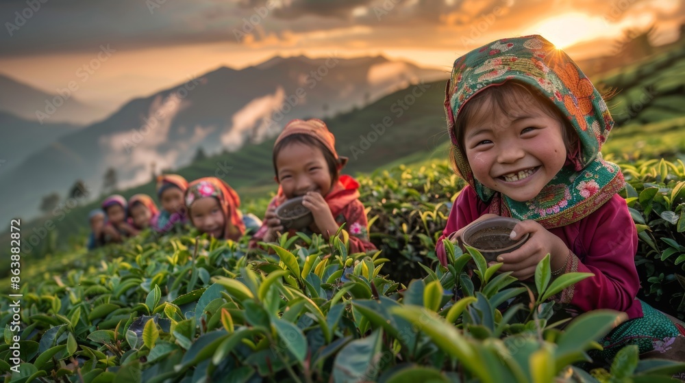 Photograph of children from highland ethnic minorities planting tea at ...