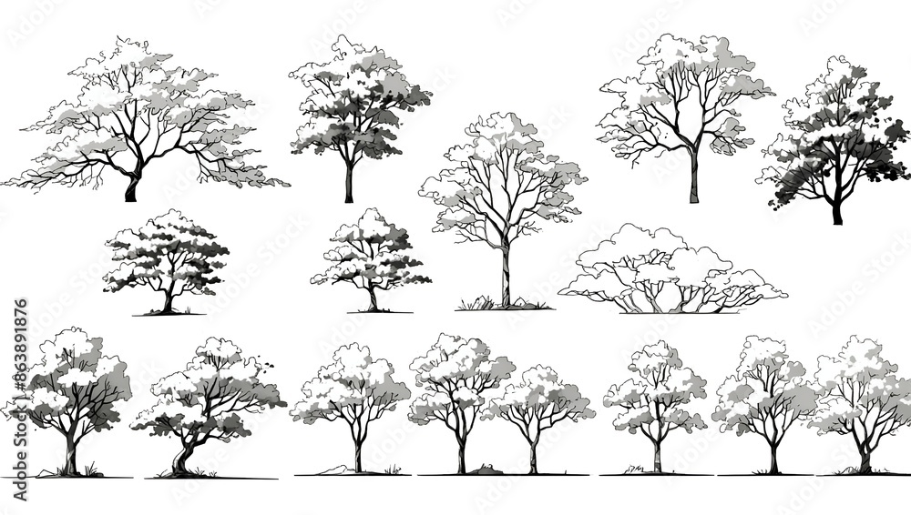 Architectural Drawings, Minimal style cad tree line drawing, Side view, set of graphics trees ...