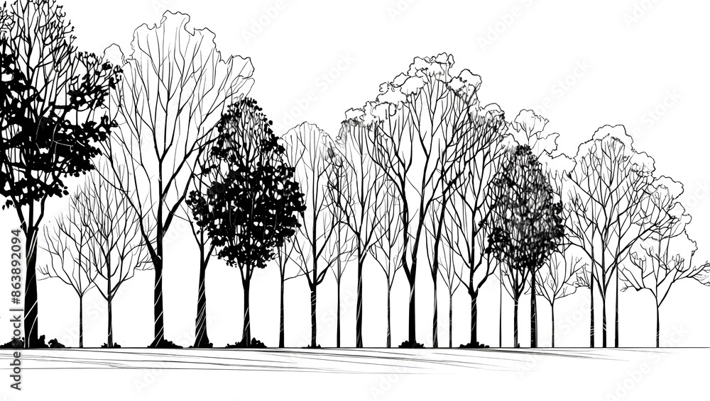 Architectural Drawings, Minimal style cad tree line drawing, Side view ...