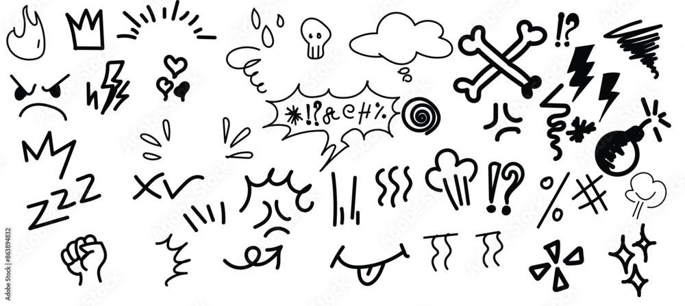 Vector set of hand-drawn cartoony expression sign doodle, curve ...