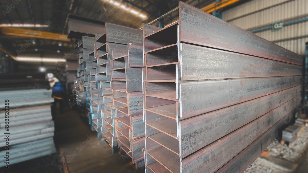 Metal profile beam in packs at the warehouse of metal products.Steel I ...