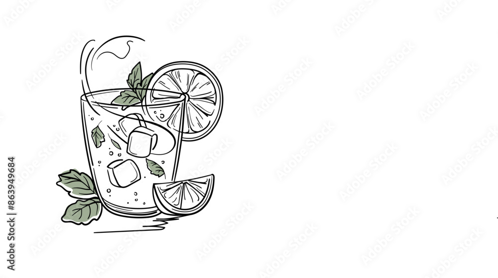 Summer coctail with mint, continuous line art drawing isolated on white ...