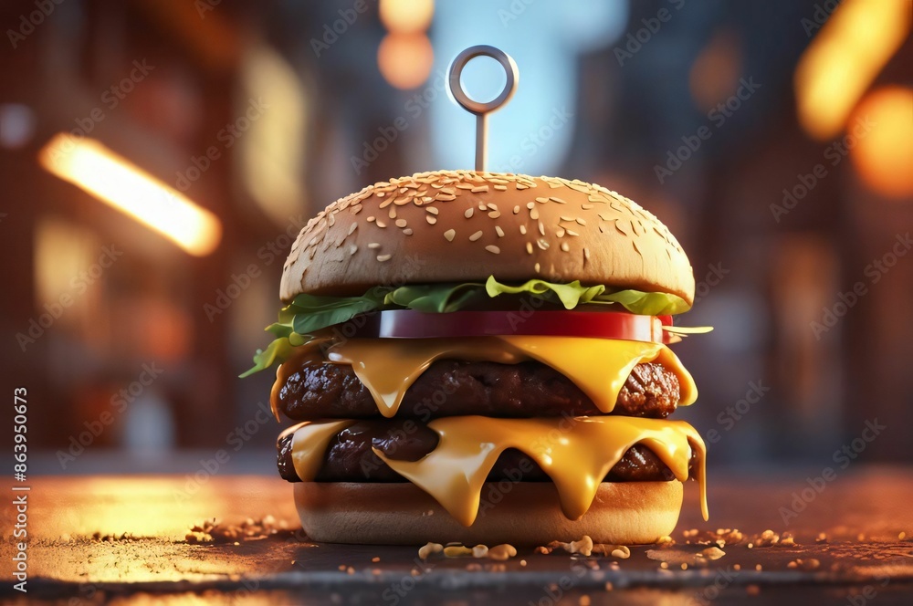 Burger on street food background. Hamburger on a table. Classic Deluxe ...