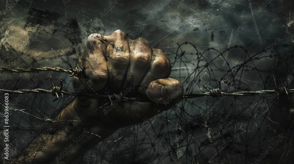 A clenched fist breaking through a barbed wire fence, symbolizing ...