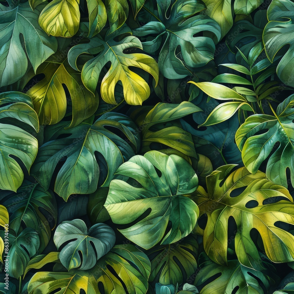 watercolor Dense jungle canopy with intertwining vines and large leaves ...