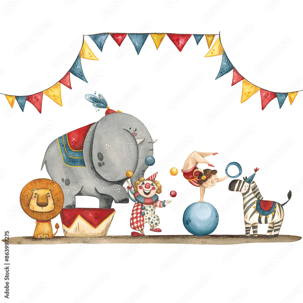 Composition of a circus elephant, zebra, lion, clown, gymnast. Hand ...