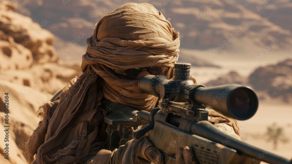 Special forces sniper in ghillie suit with a high-precision rifle with ...