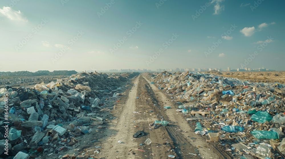 Road to a vast garbage heap, filled with plastic waste, emphasizing ...