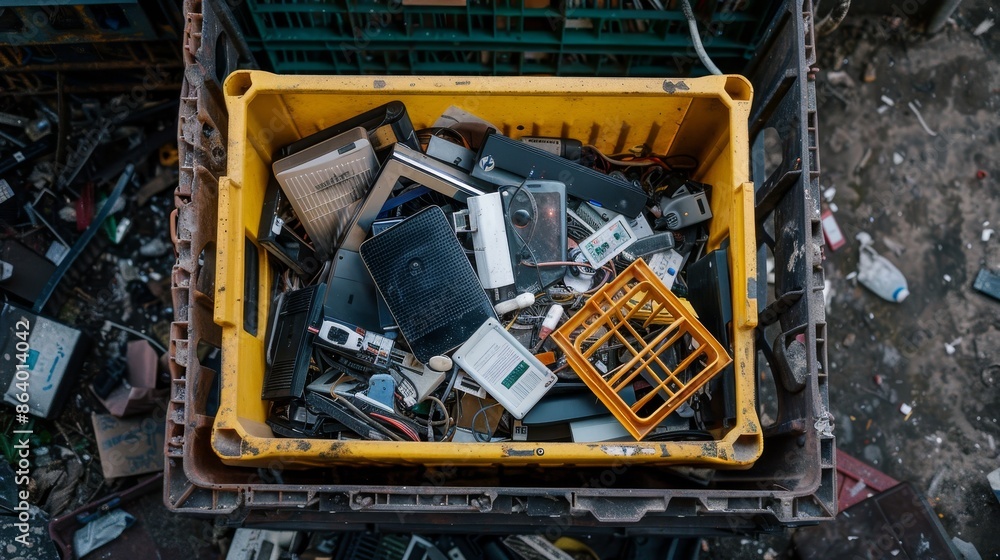 Top view of a recycling bin overflowing with discarded electronic items, illustrating the ...