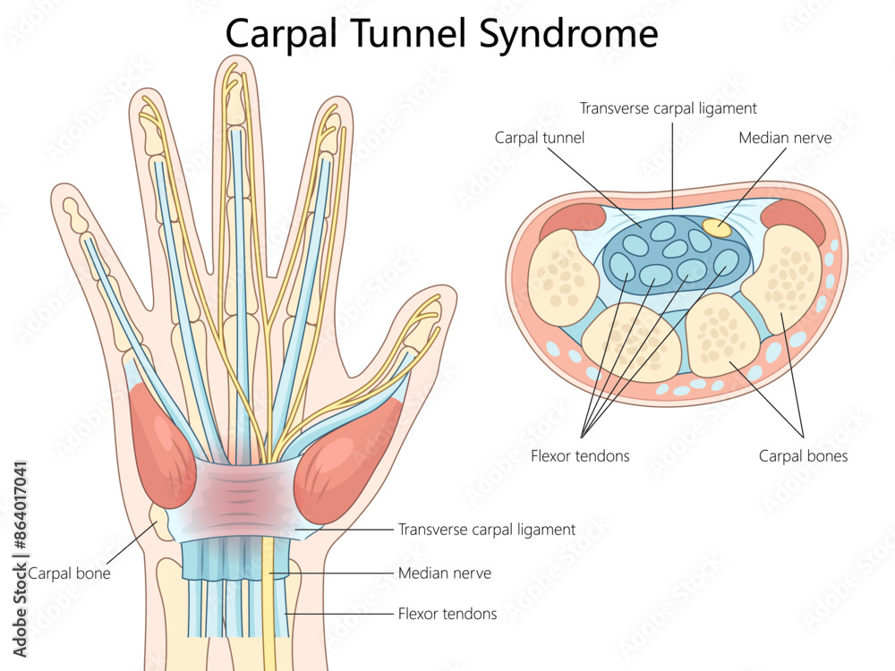 anatomy of carpal tunnel syndrome, highlighting the median nerve ...