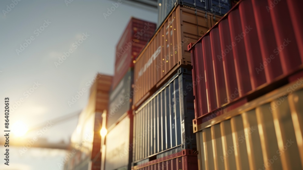 Bulky ship at port, side view, dozens of containers, sun reflecting ...