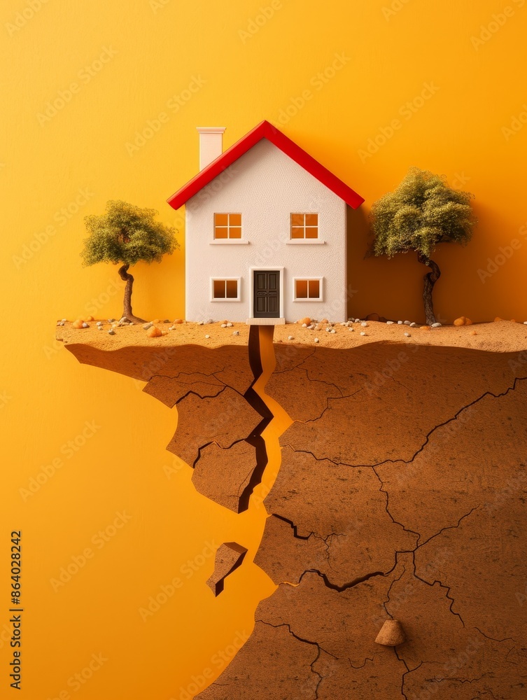 miniature house on edge of cracked earth cliff - concept of fragile ...