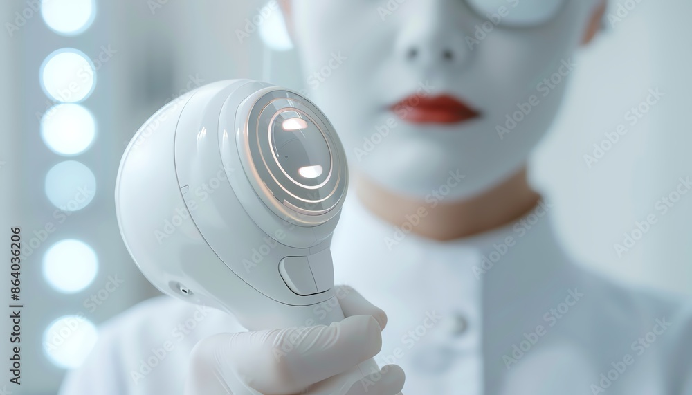 Doctor using a handheld ultrasound device for a nonsurgical facelift ...